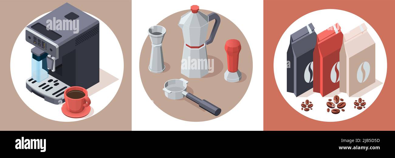 Coffee isometric set of three round compositions with images of coffee ...