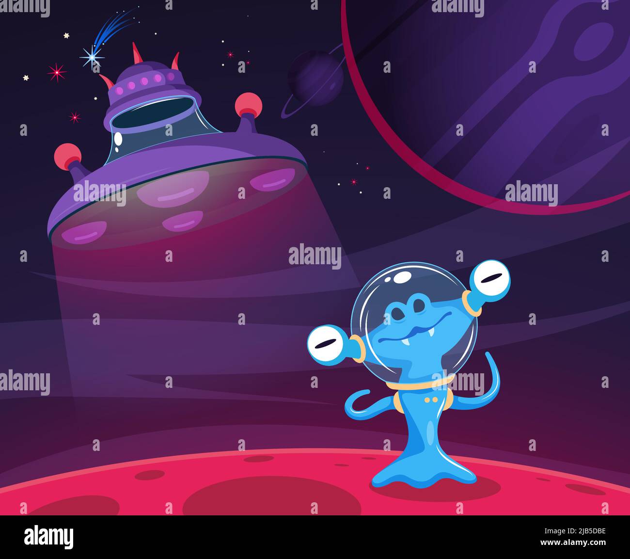 Friendly smiling funny alien on red planet surface with spacecraft on ...