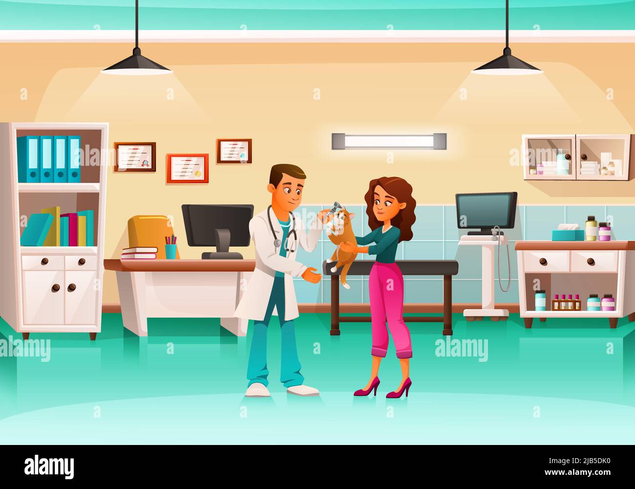 Veterinary clinic interior with veterinarian and cat owner holding pet ...