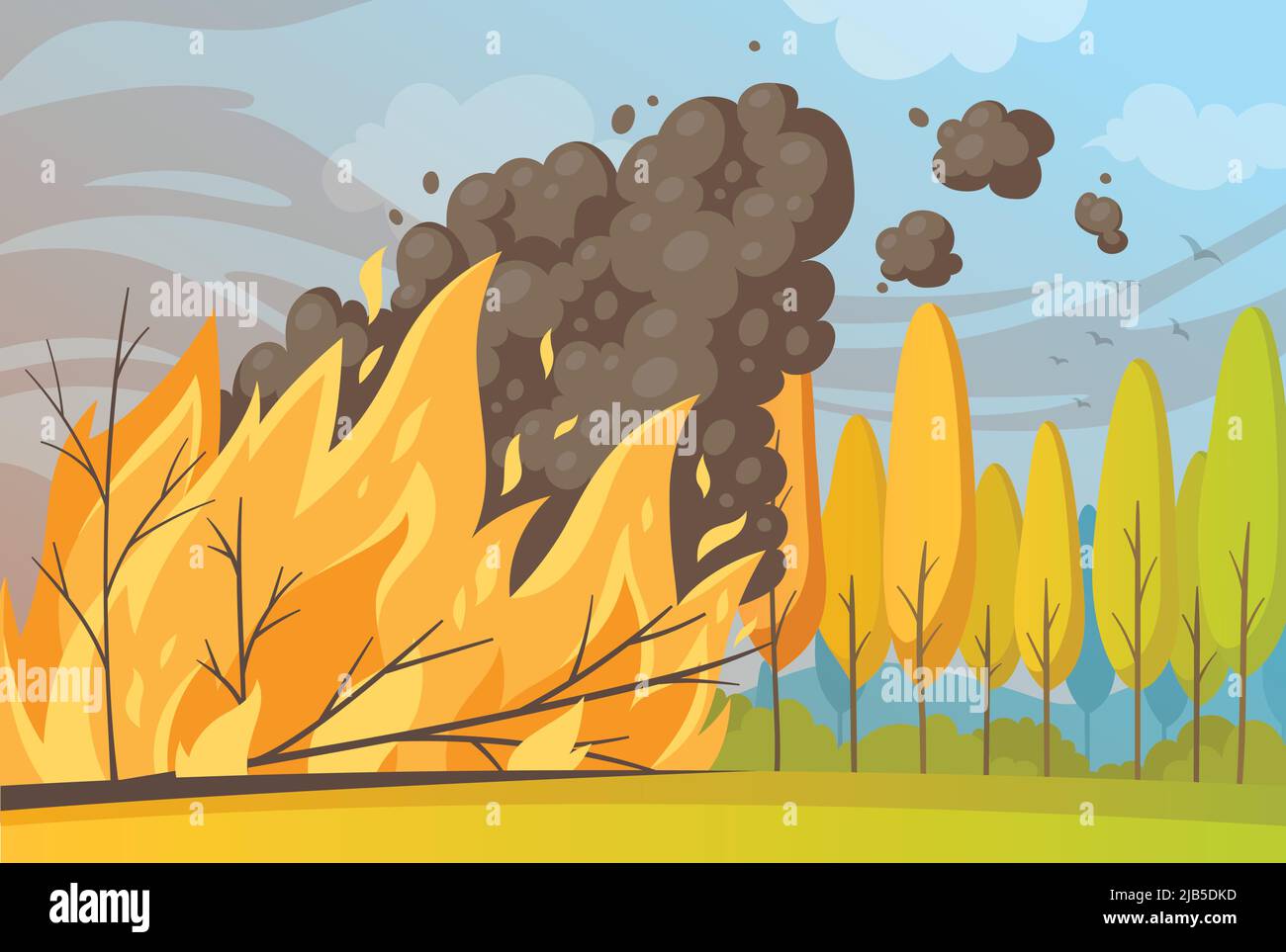 Natural disaster cartoon composition with outdoor scenery and burning ...