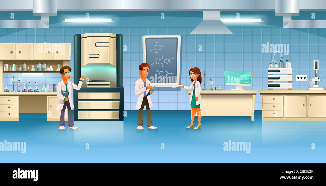 Scientists cartoon composition with indoor view of laboratory with test ...