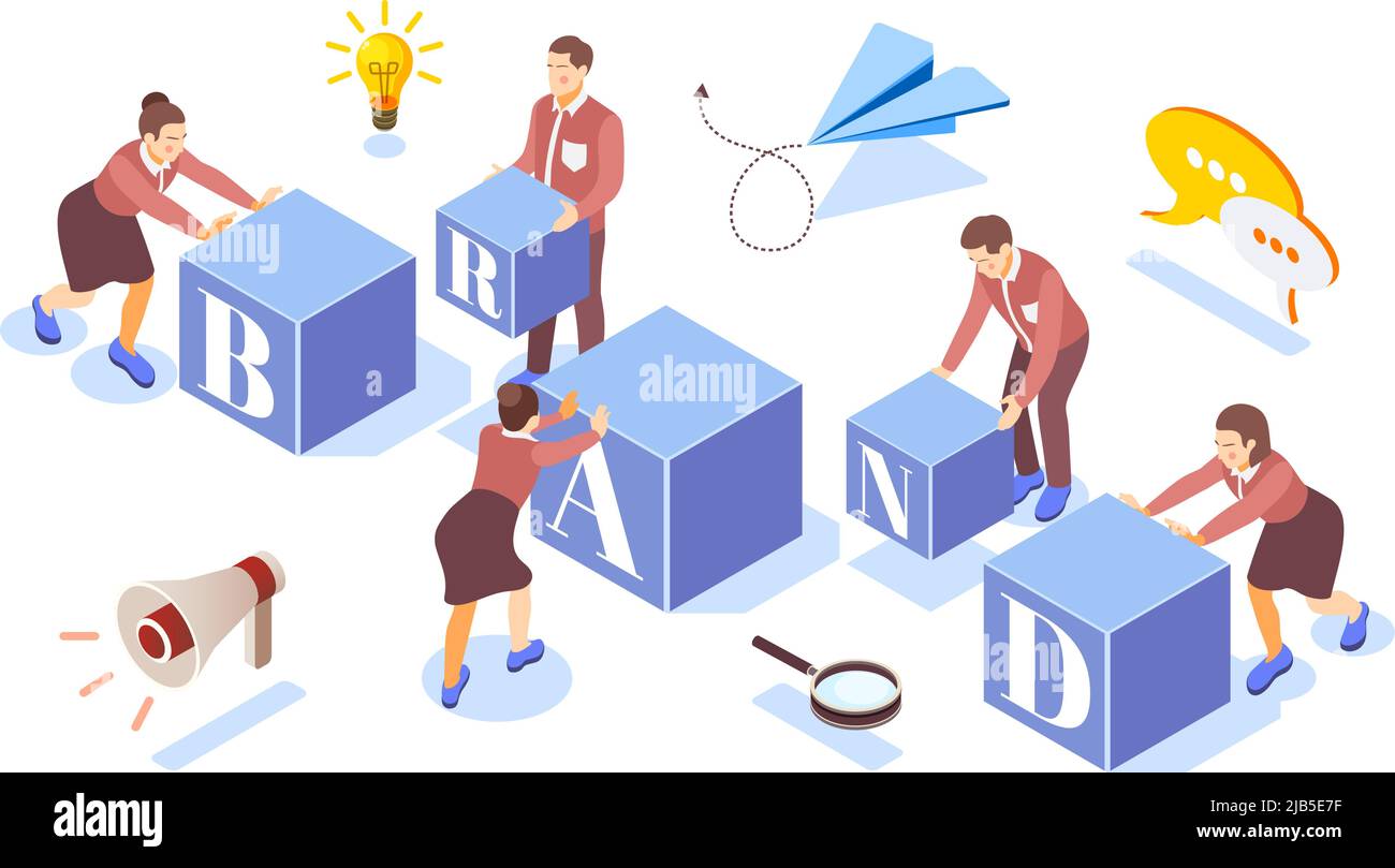 Brand building blocks teamwork ideas launch symbols isometric ...