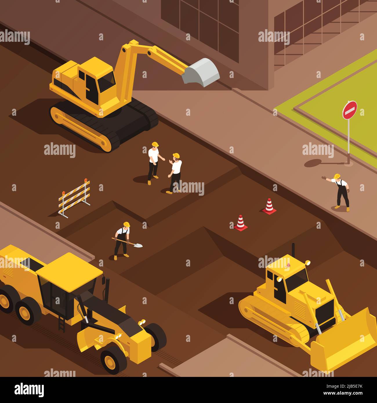 Road construction isometric composition with characters of workers on ...