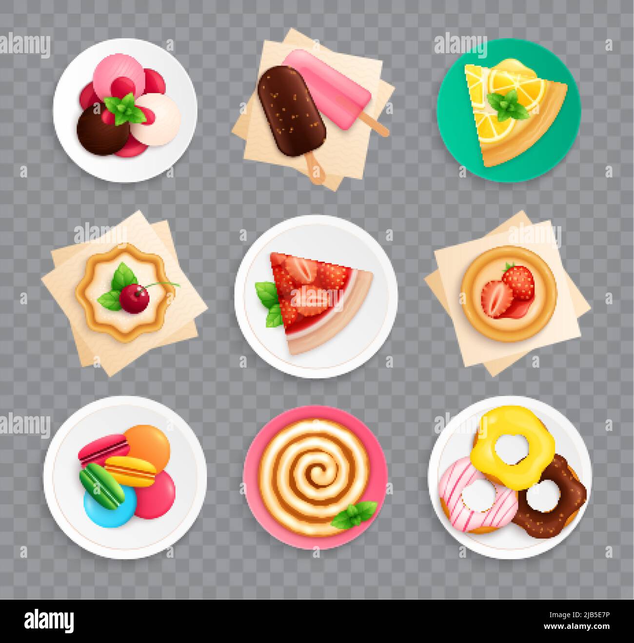 Desserts sweets doughnuts biscuit roll slice strawberry cake macarons ...