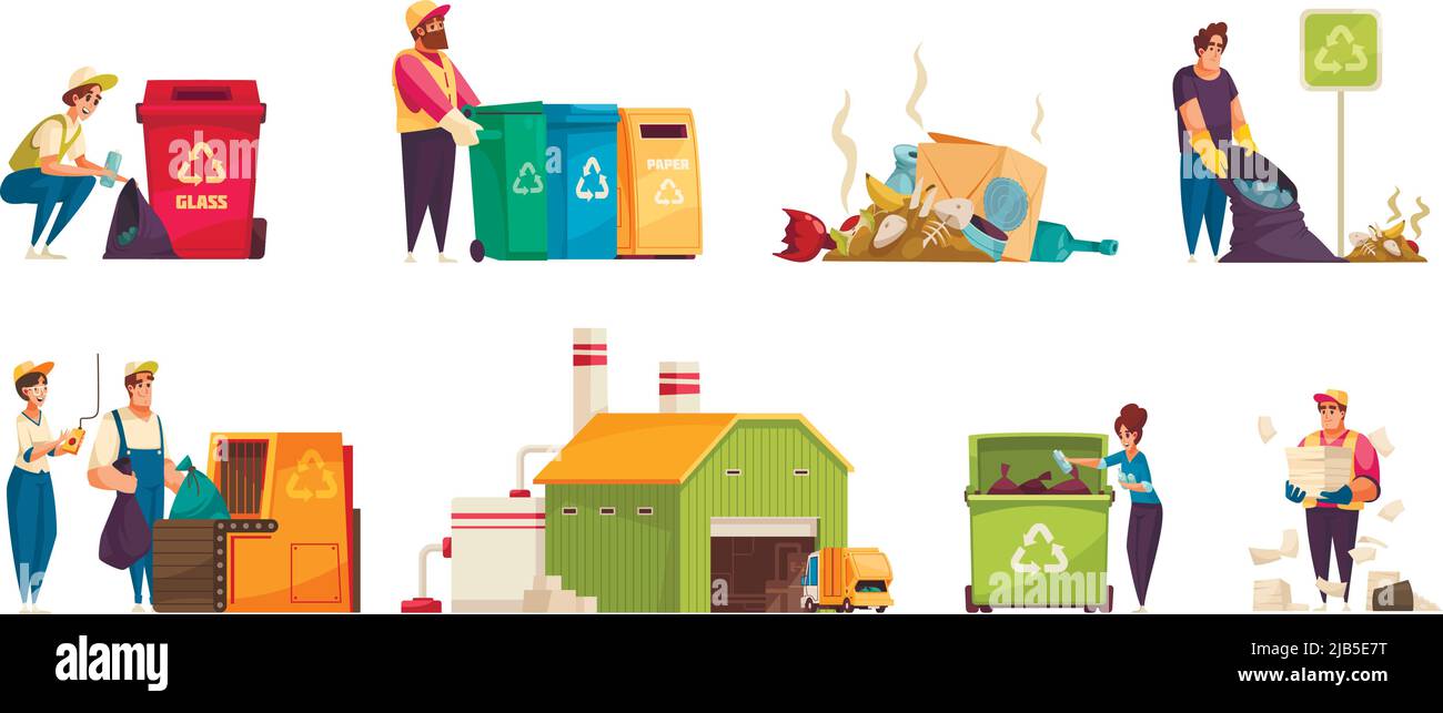 Collecting sorting recycling garbage cartoon compositions set with ...