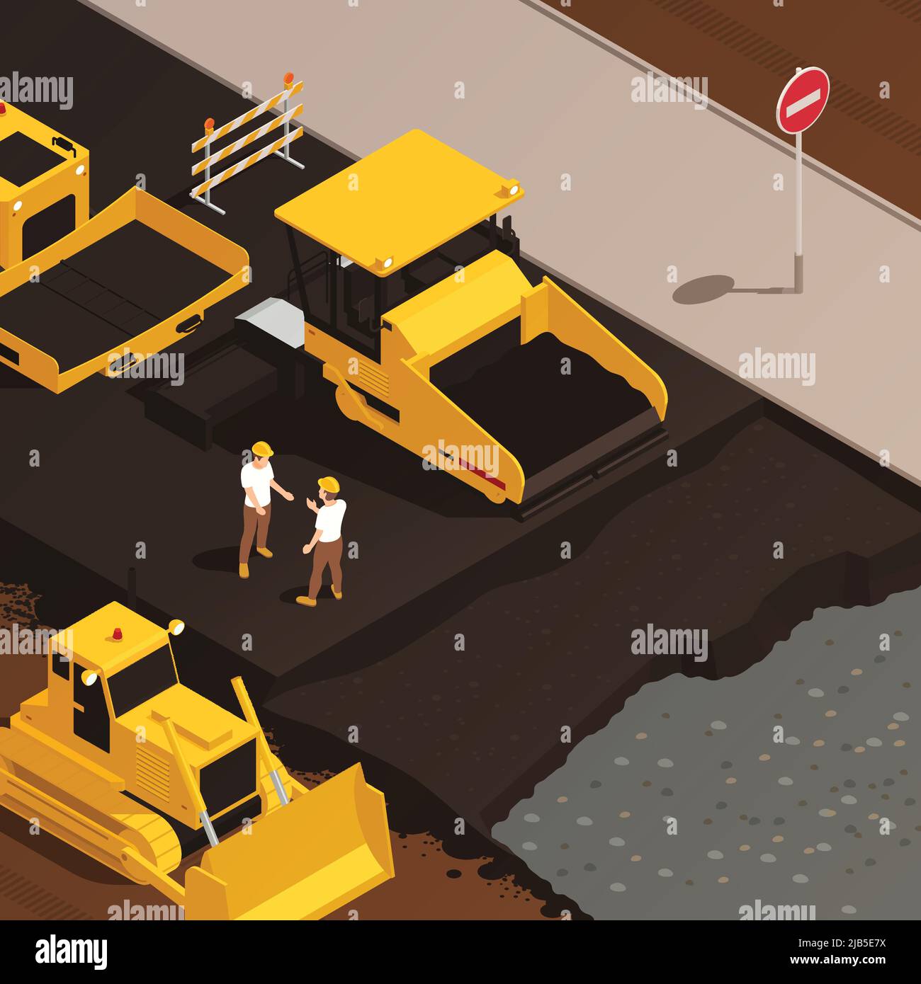 Road construction isometric composition with view of two human workers ...