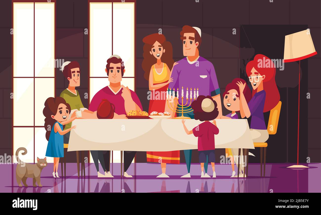 Happy family celebrating jewish holiday hanukkah with traditional food ...