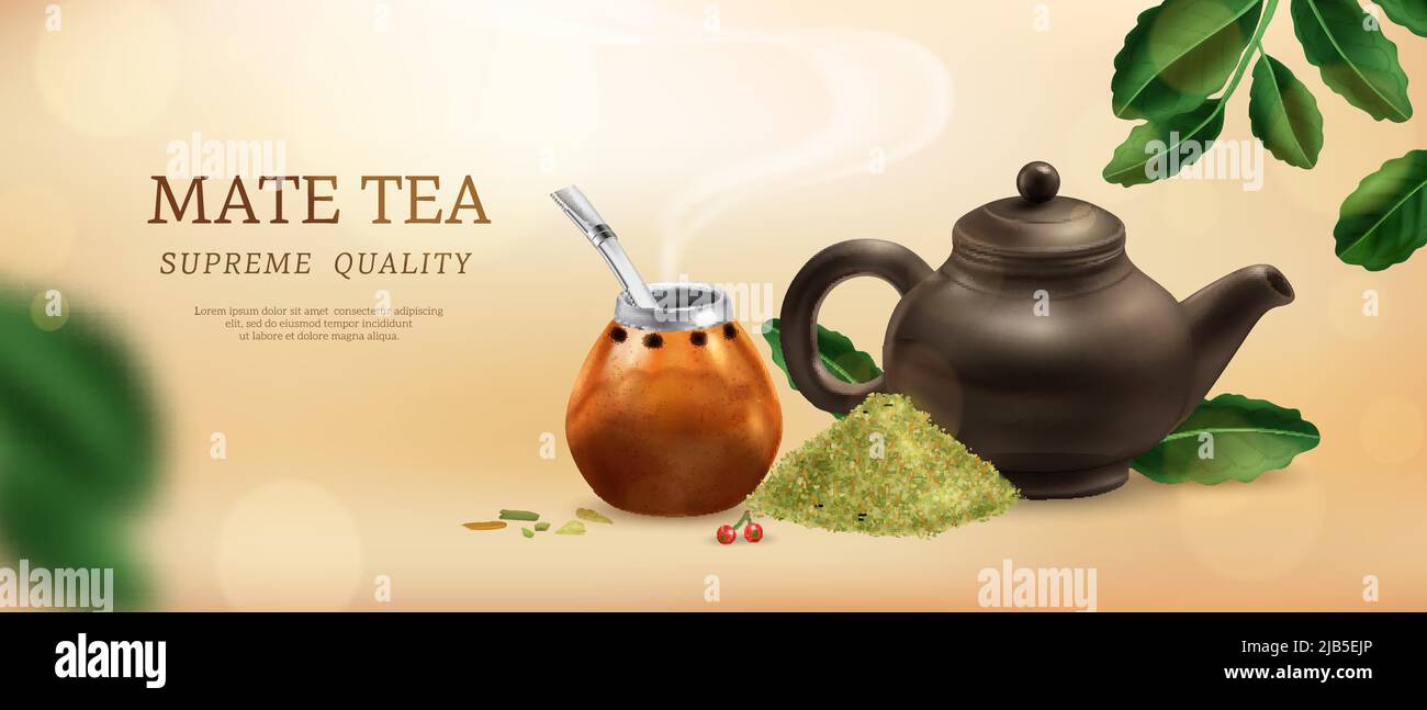 Mate tea supreme quality ads horizontal poster with ceramic teapot and ...