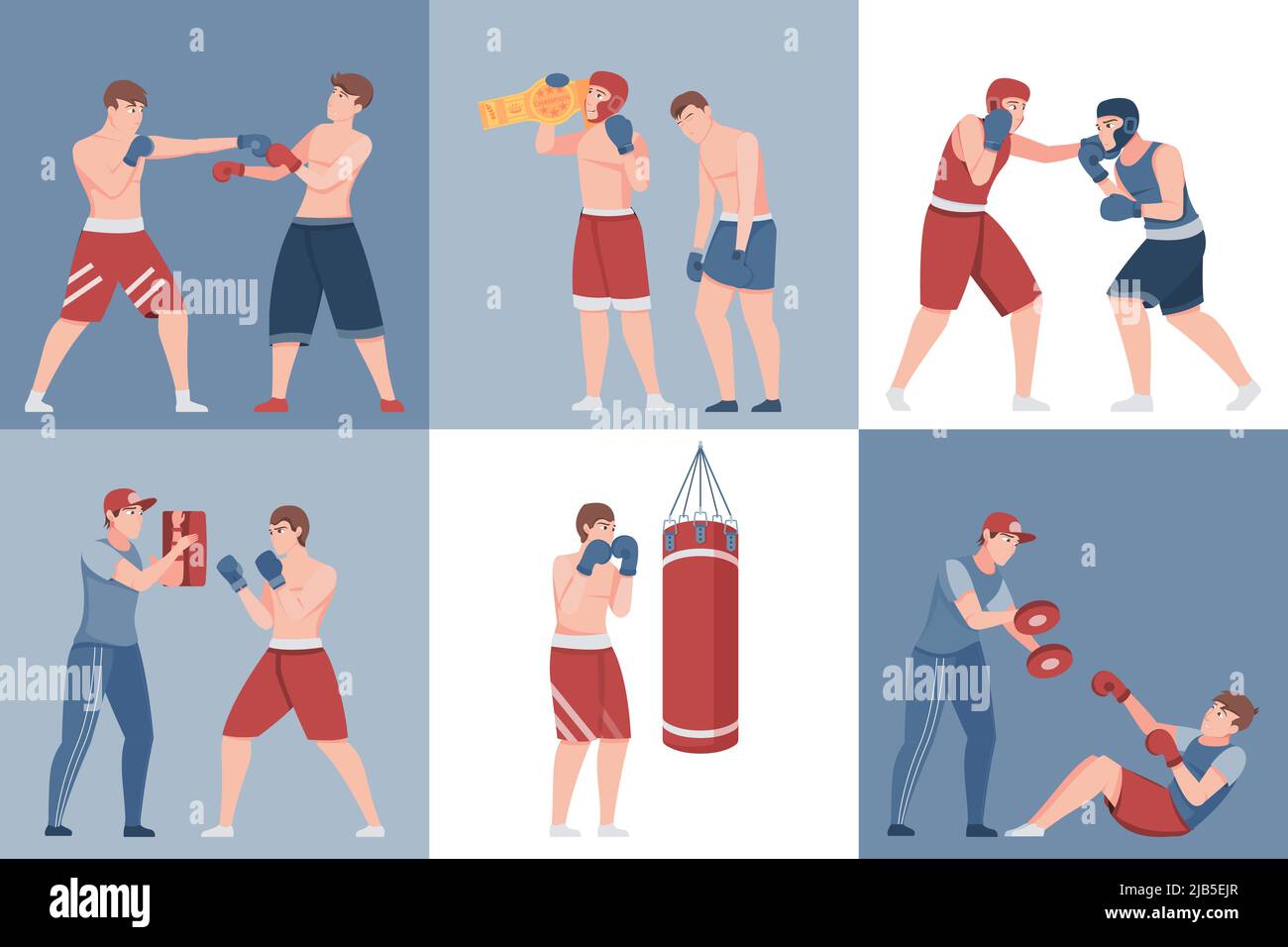 Boxing six square compositions with athletes practicing fight each ...