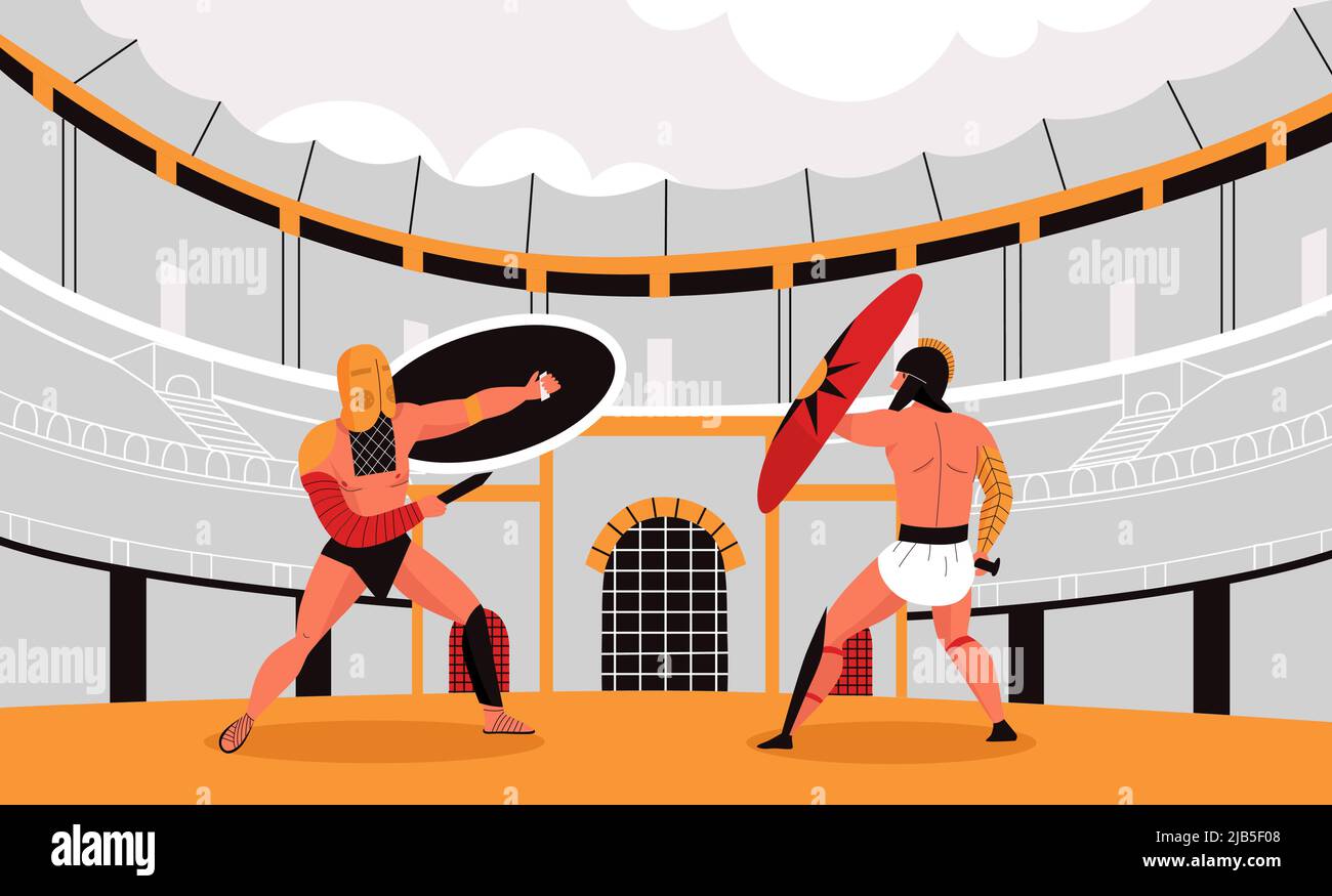 Two roman gladiators with shields fighting on arena of colosseum flat ...