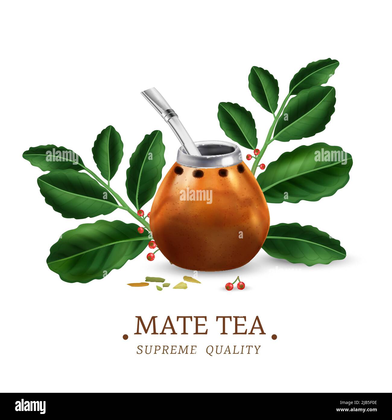 Green mate tea leaves and traditional calabash with bombilla realistic ...