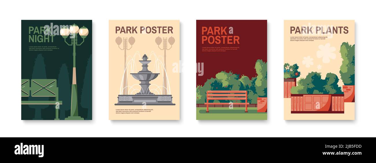 Four retro park posters set with traditional elements day night ...