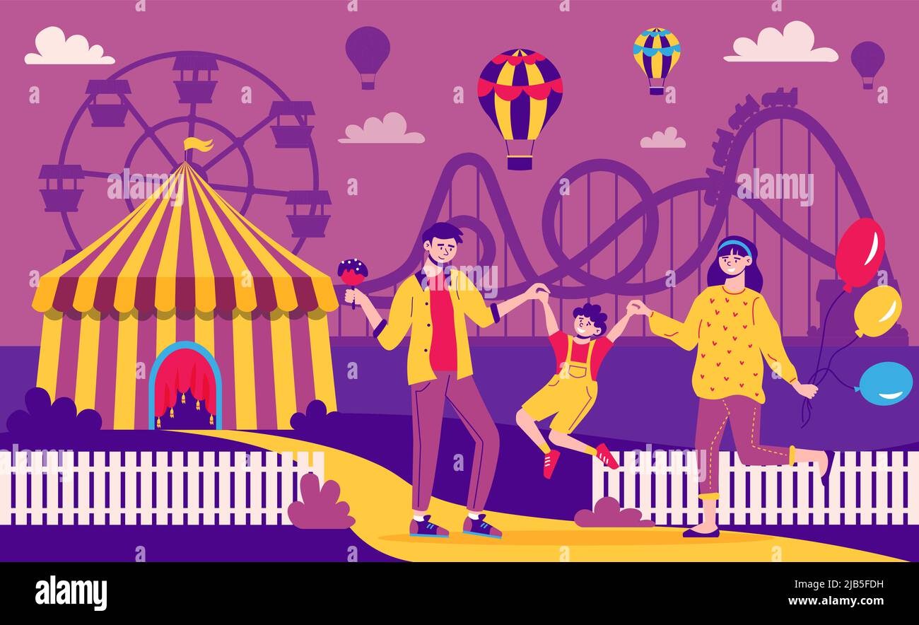 Amusement park color composition with outdoor landscape and silhouettes ...