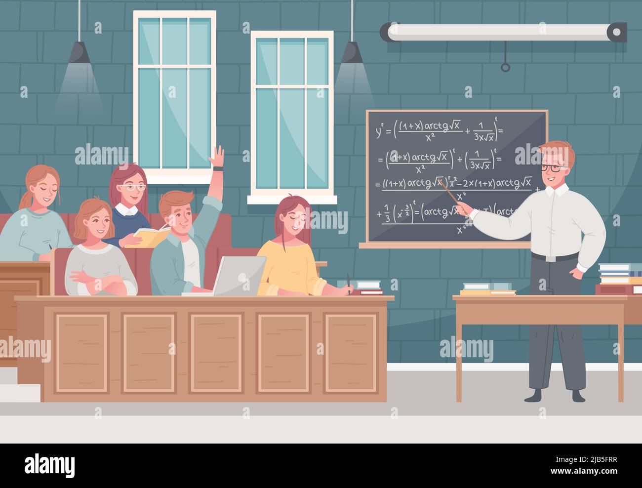 Lecture hall at university with professor presenting formules on ...