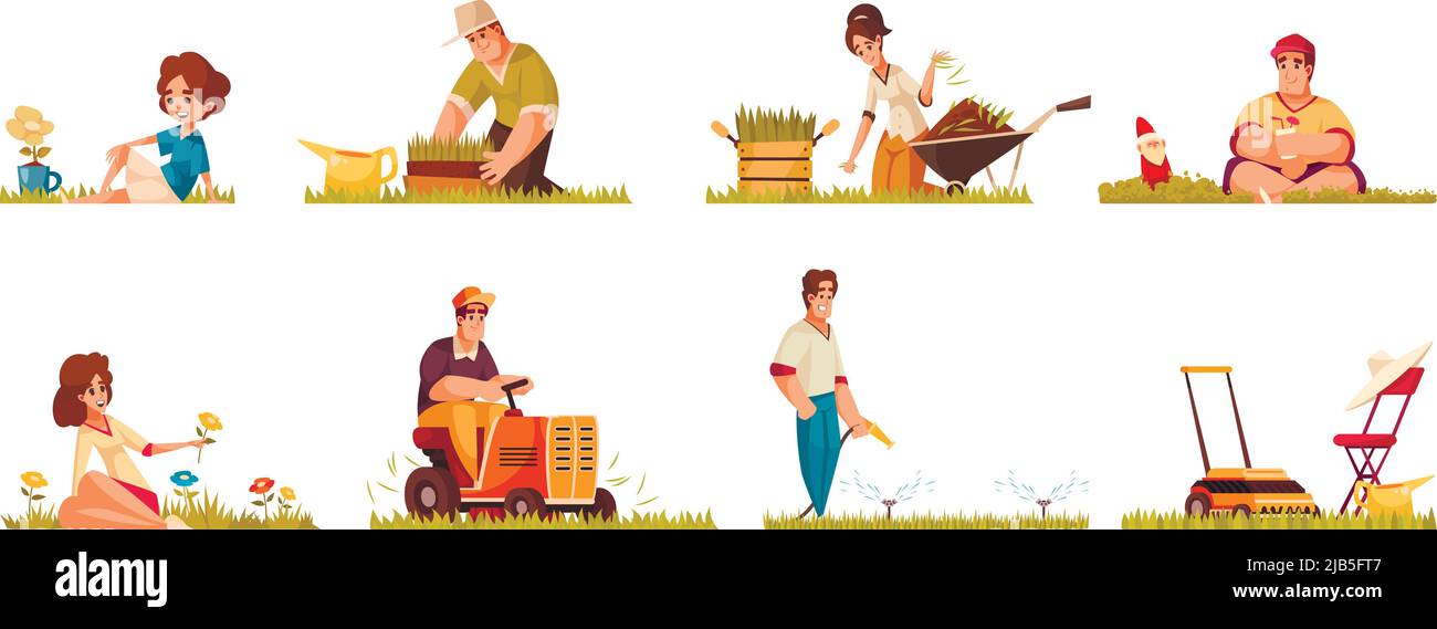 People planting cleaning mowing watering lawn sitting on green grass ...