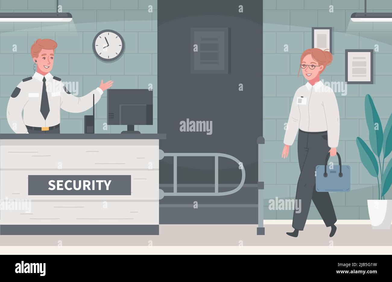 Security guard agency service cartoon composition with indoor scenery ...