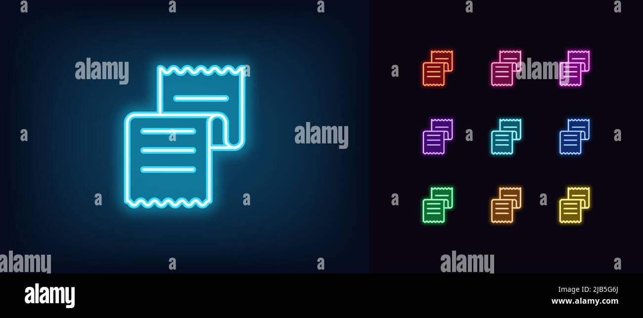Outline neon receipt icon. Glowing neon invoice paper sign, digital ...