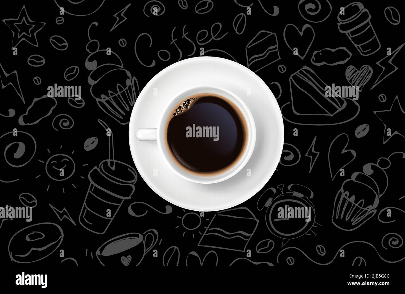 Realistic composition with top view cup of black coffee on black ...