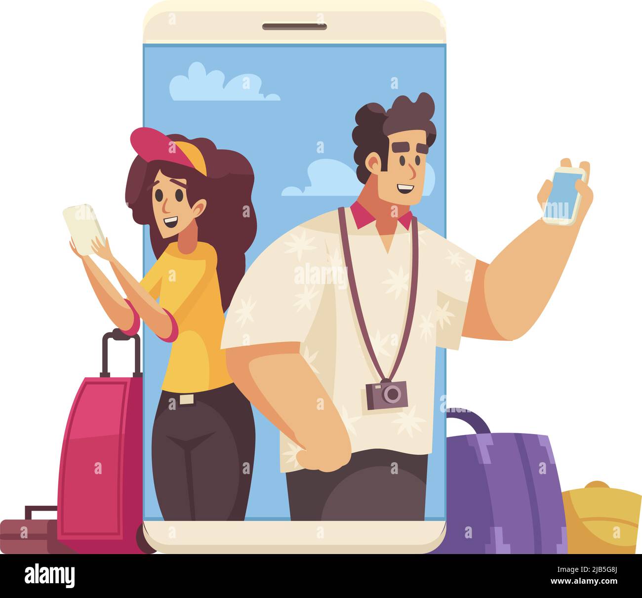 Travel cartoon composition with happy people booking hotel or apartment ...
