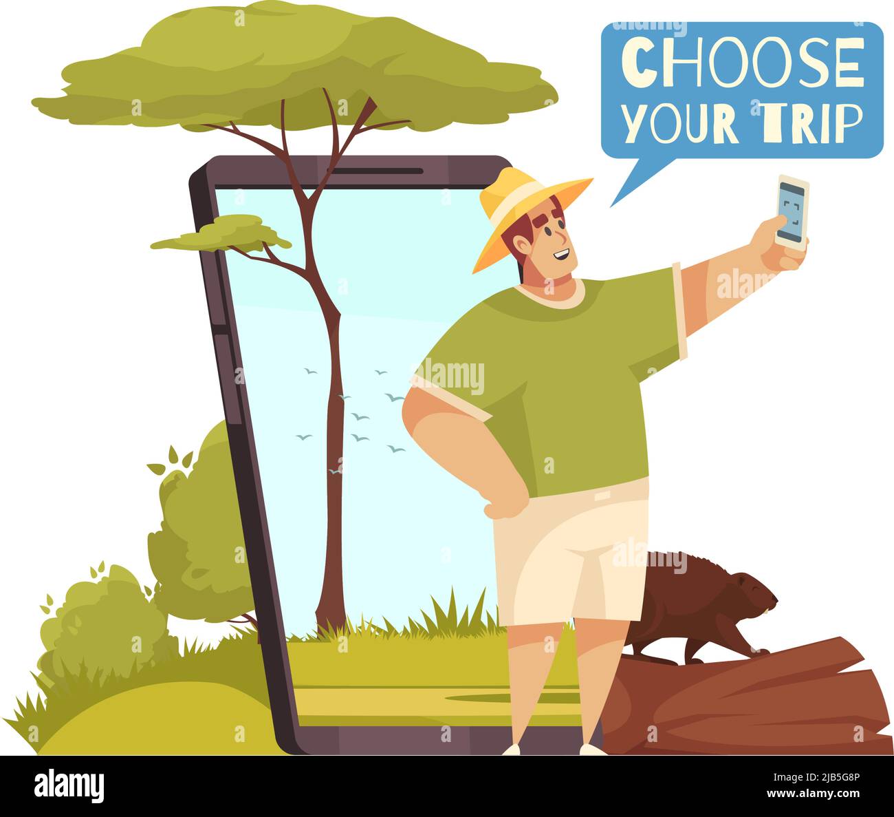 Cartoon composition with man booking travel online in mobile app vector ...