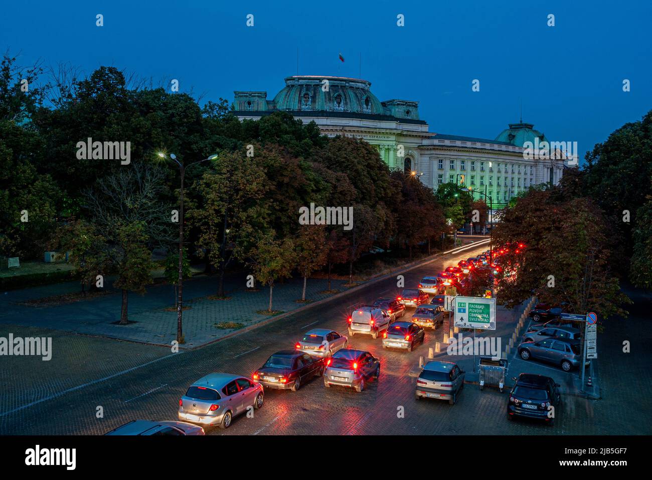Street view of car traffic in rush hour, traffic jam, Sofia, Bulgaria ...