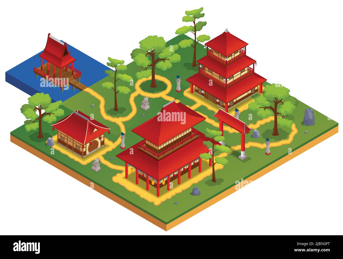 Asian buildings garden and landscape isometric concept vector ...