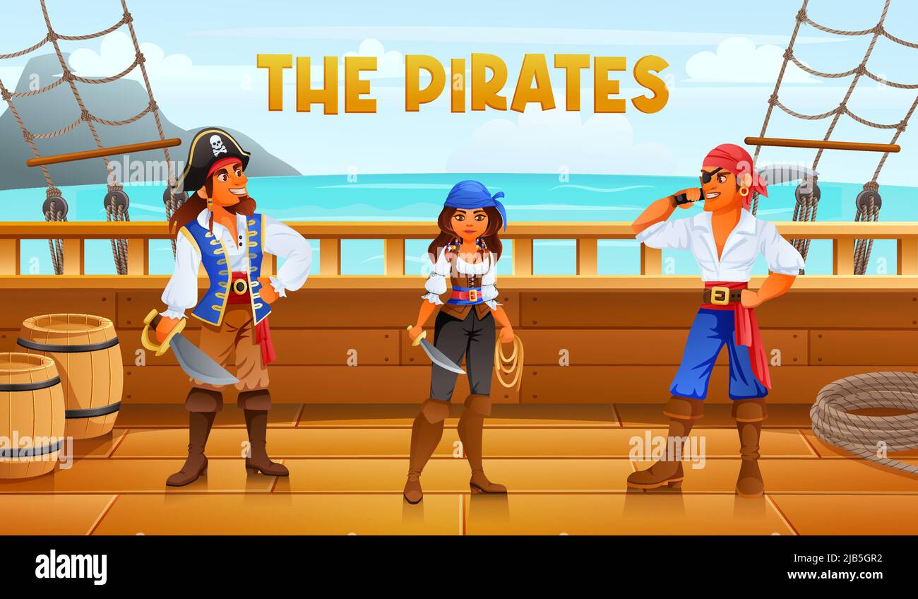 Two brave pirates and a woman pirate stand on the deck of the ship ...