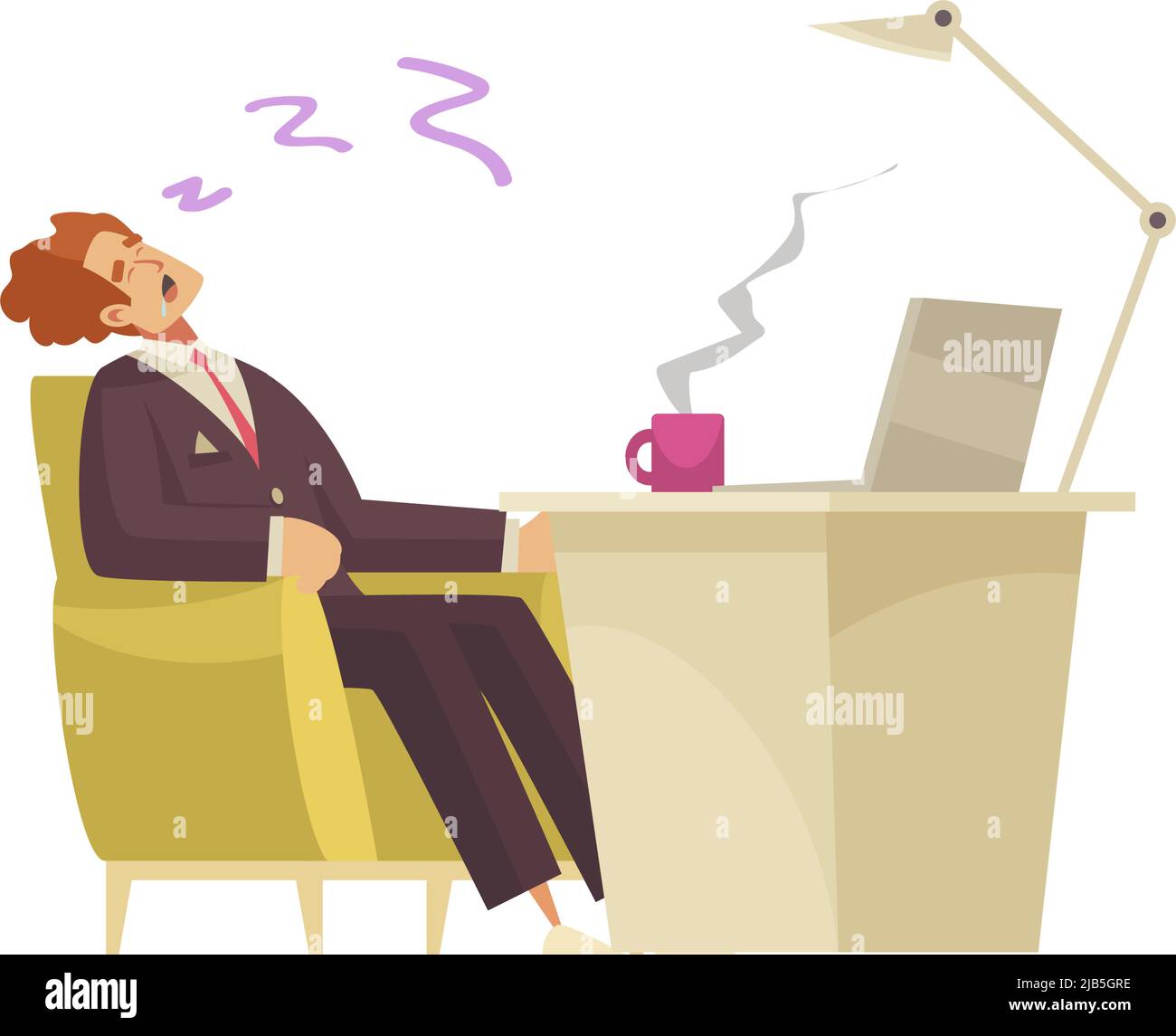 Flat composition with tired man sleeping at his work place vector ...