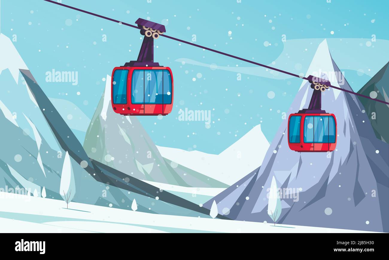 Alpine downhill ski resort funicular lift cartoon composition with 2 ...