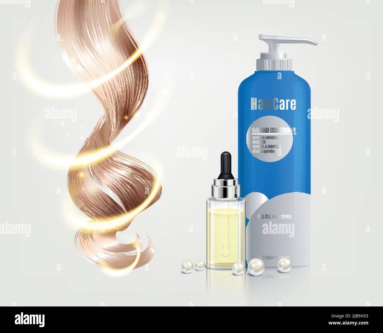 Cosmetics for shiny strong healthy hair with bottle of balsam ...
