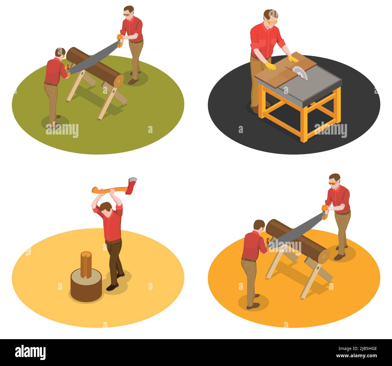 Sawmill timber mill lumberjack isometric set of four isolated ...