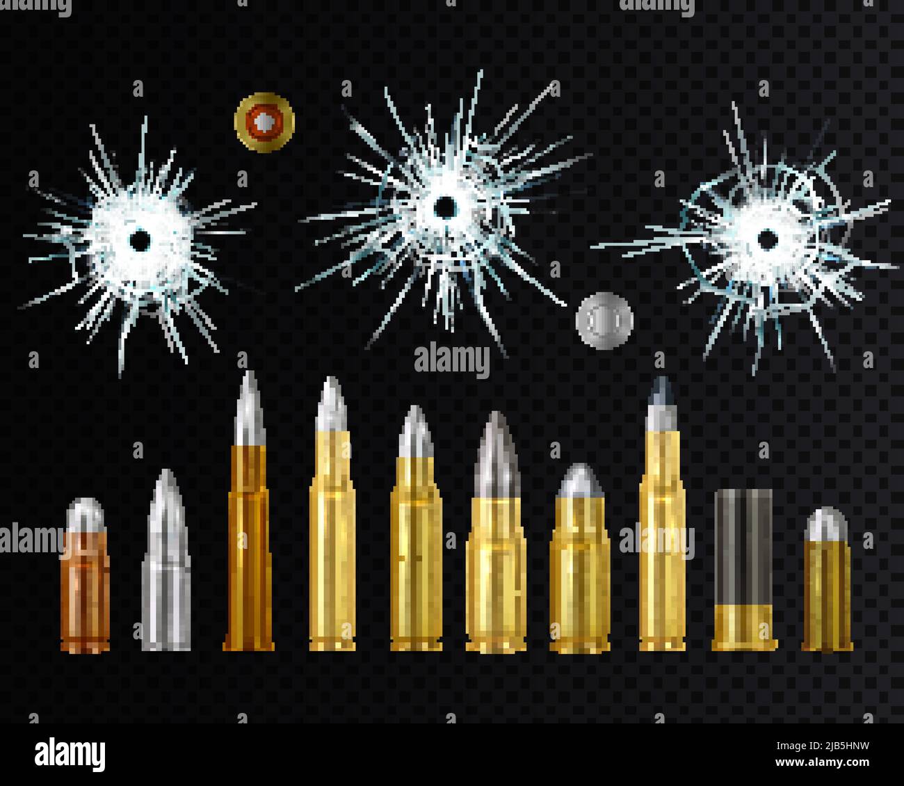 Gold steel and copper weapon ammo realistic set with bullet holes on ...