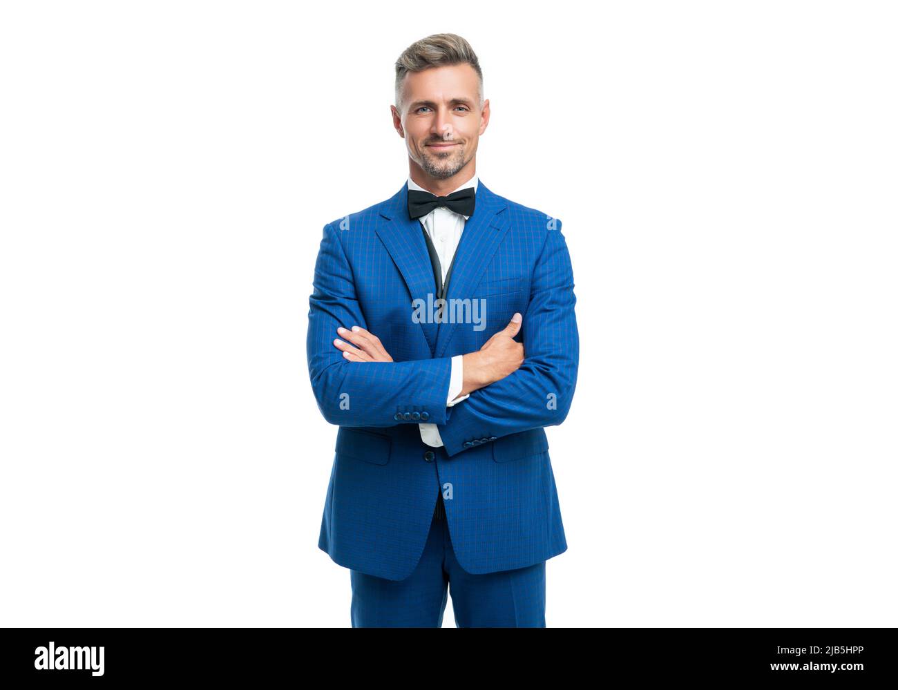 hoary man bridegroom in blue rich tux bow isolated on white background ...