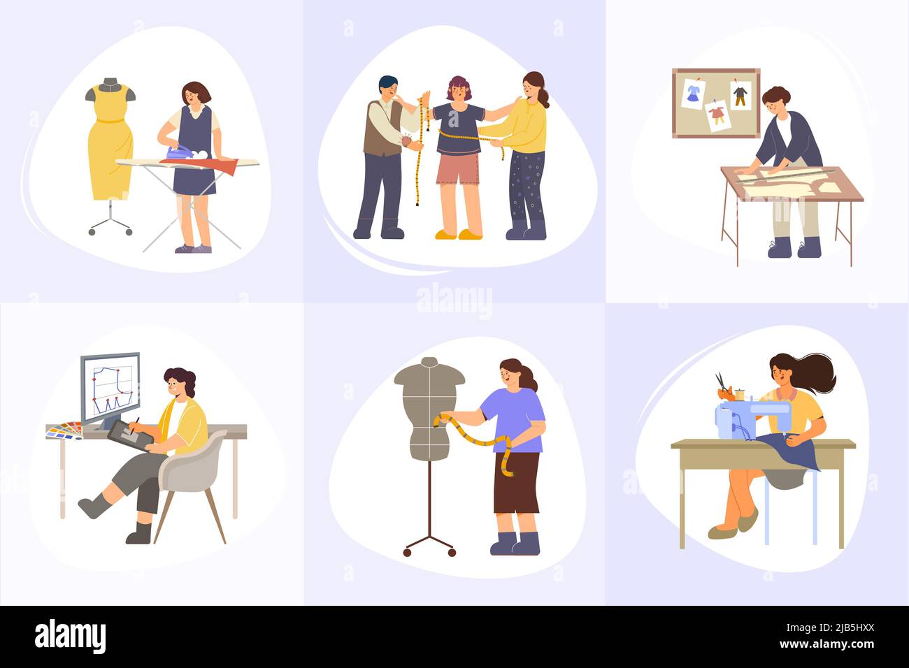 Set of six square clothes factory compositions with production stages ...