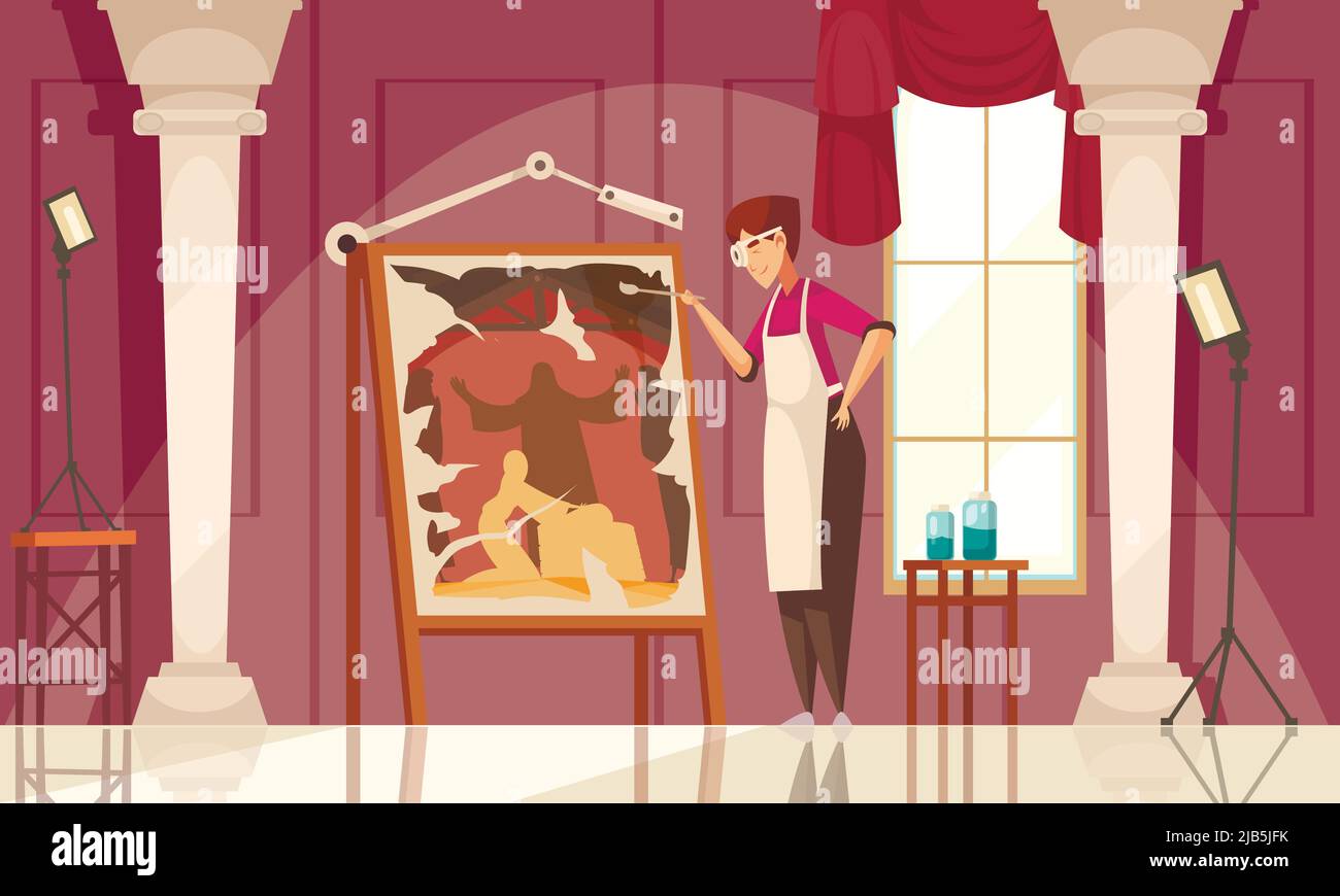 Colored and flat artist restorer painting composition working process ...