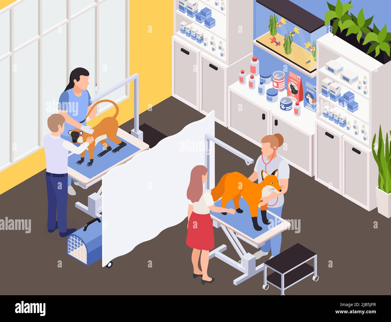 Wild animals exotic pets vet clinic interior isometric composition with ...