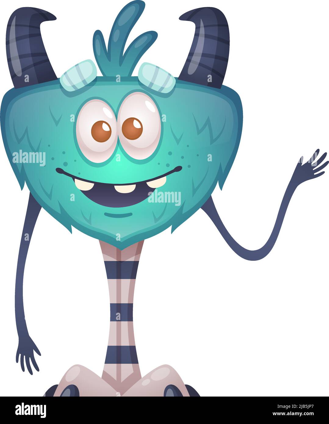Funny cartoon monster wing long striped legs smiling and waving hand ...
