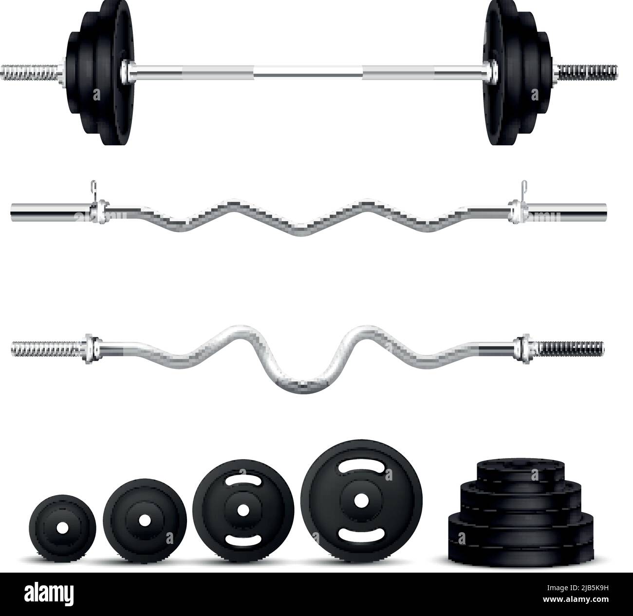 Realistic set of barbells and dumbbells of different size and shape ...