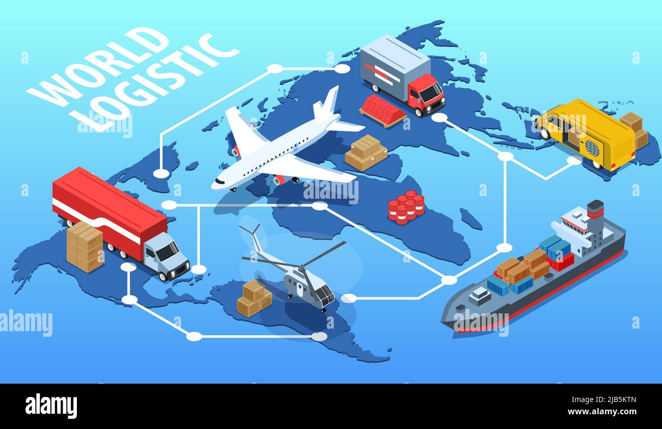 World logistic horizontal poster with different transportation mode ...