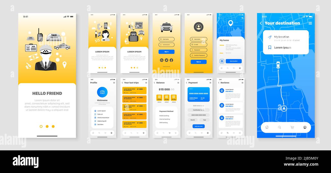 Mobile screens set with user interface of smartphone application taxi ...