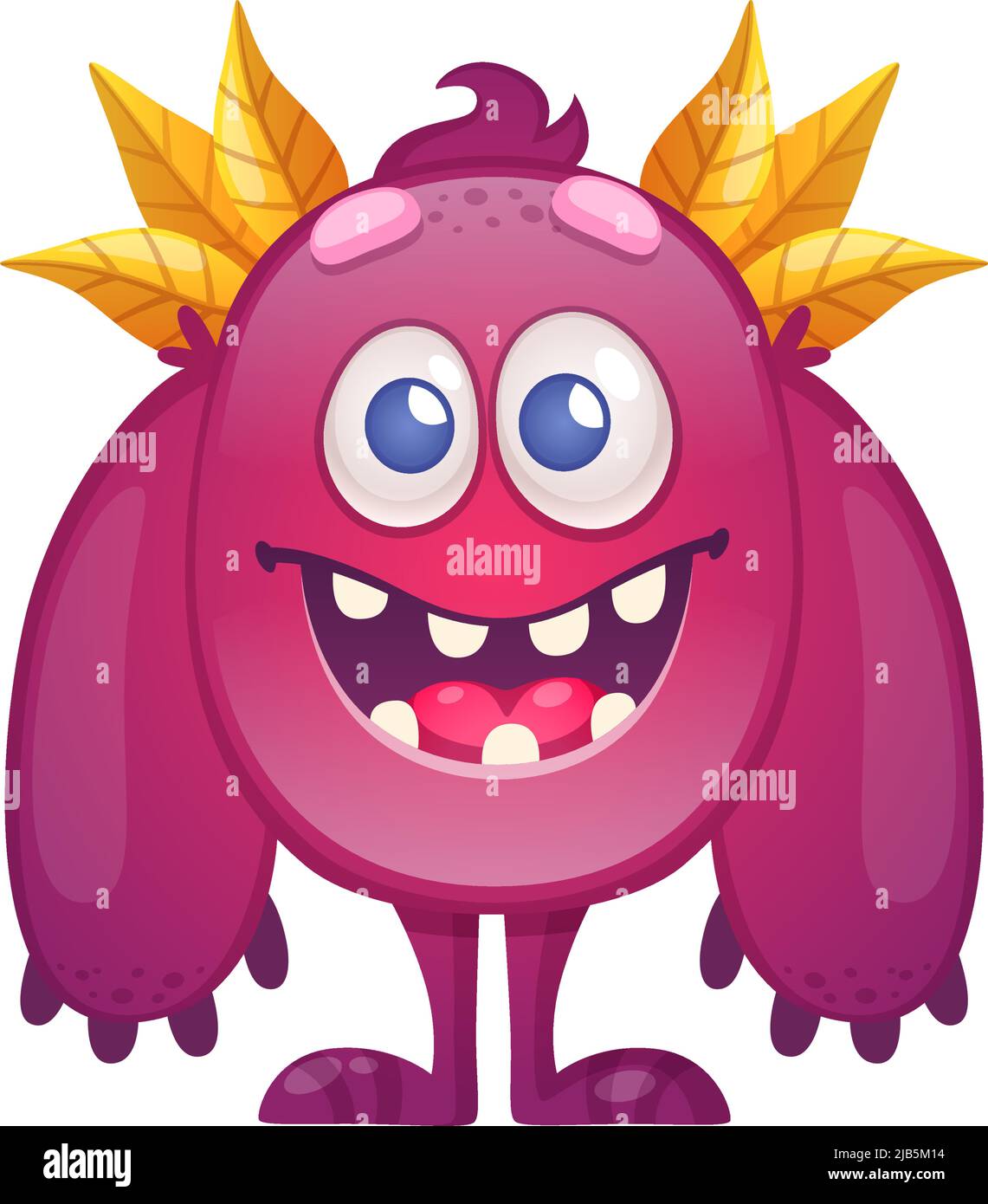 Cute colorful monster with big arms and leaves on head cartoon vector ...