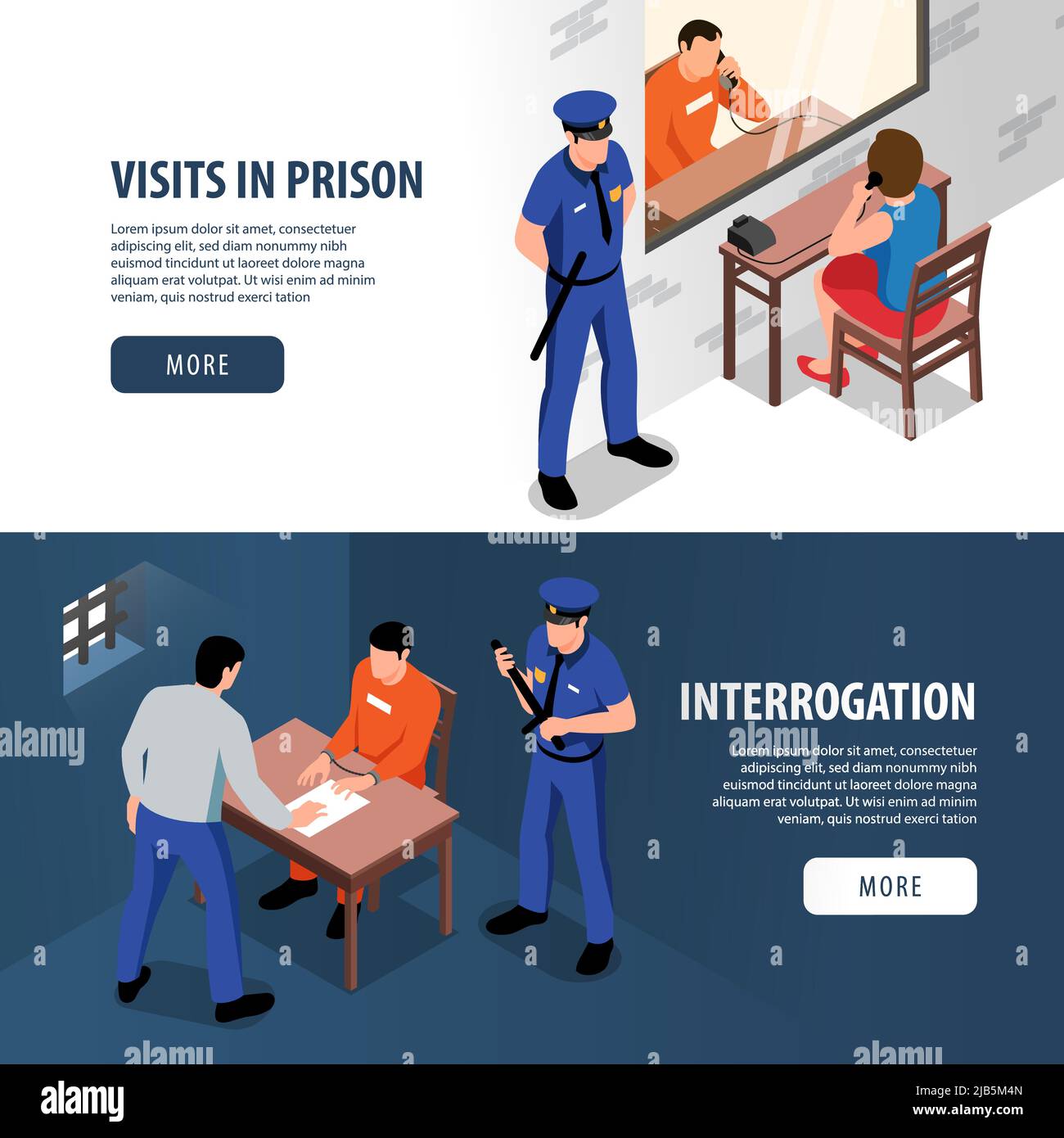 Prison two isometric banners with visitor and prisoner in visiting Room ...
