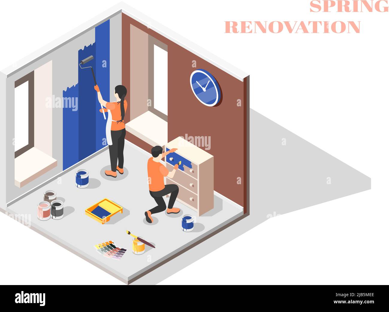 Spring renovation isometric composition with young couple working ...