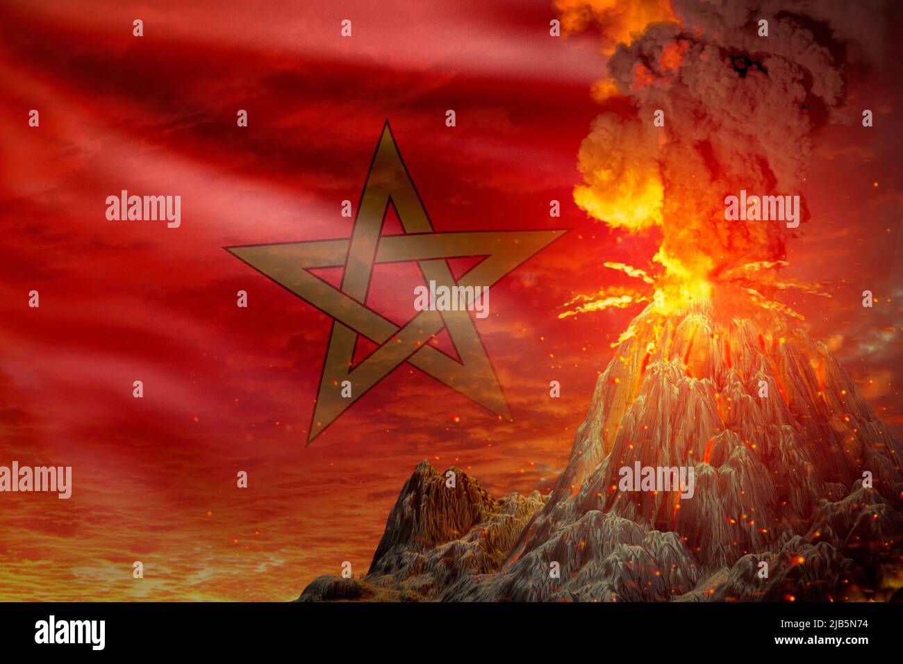high volcano blast eruption at night with explosion on Morocco flag ...
