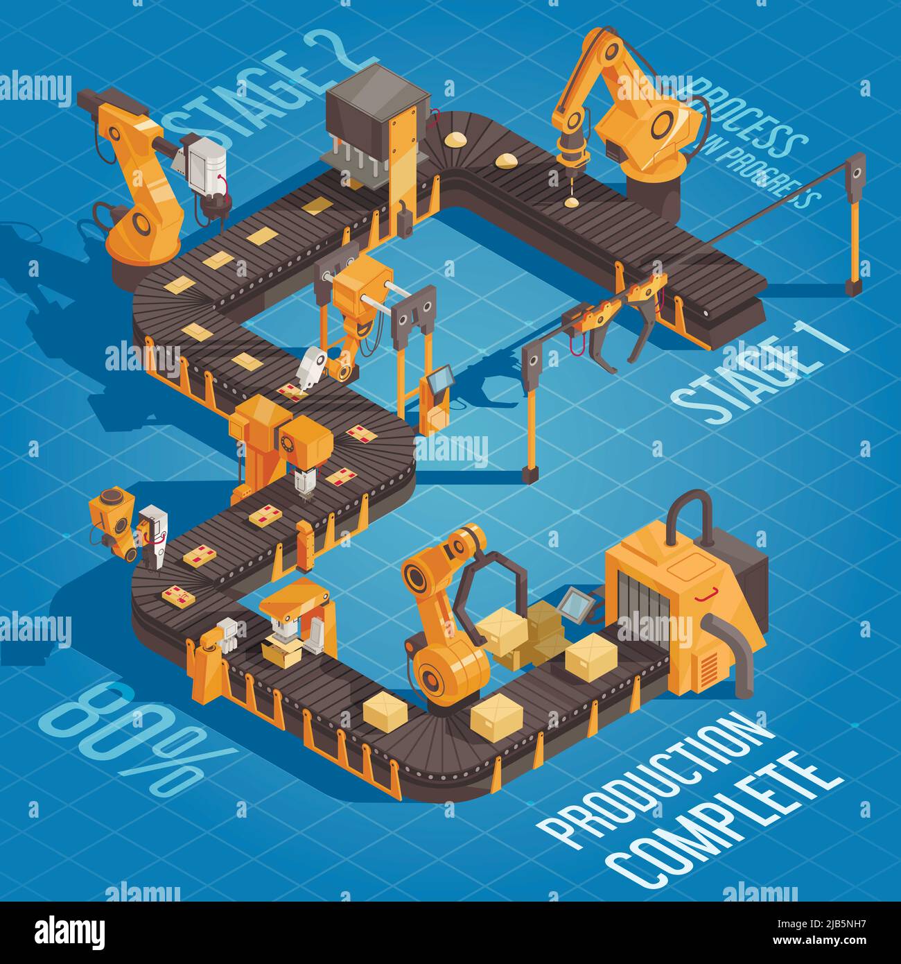 Isometric robot automation production illustration with process in ...