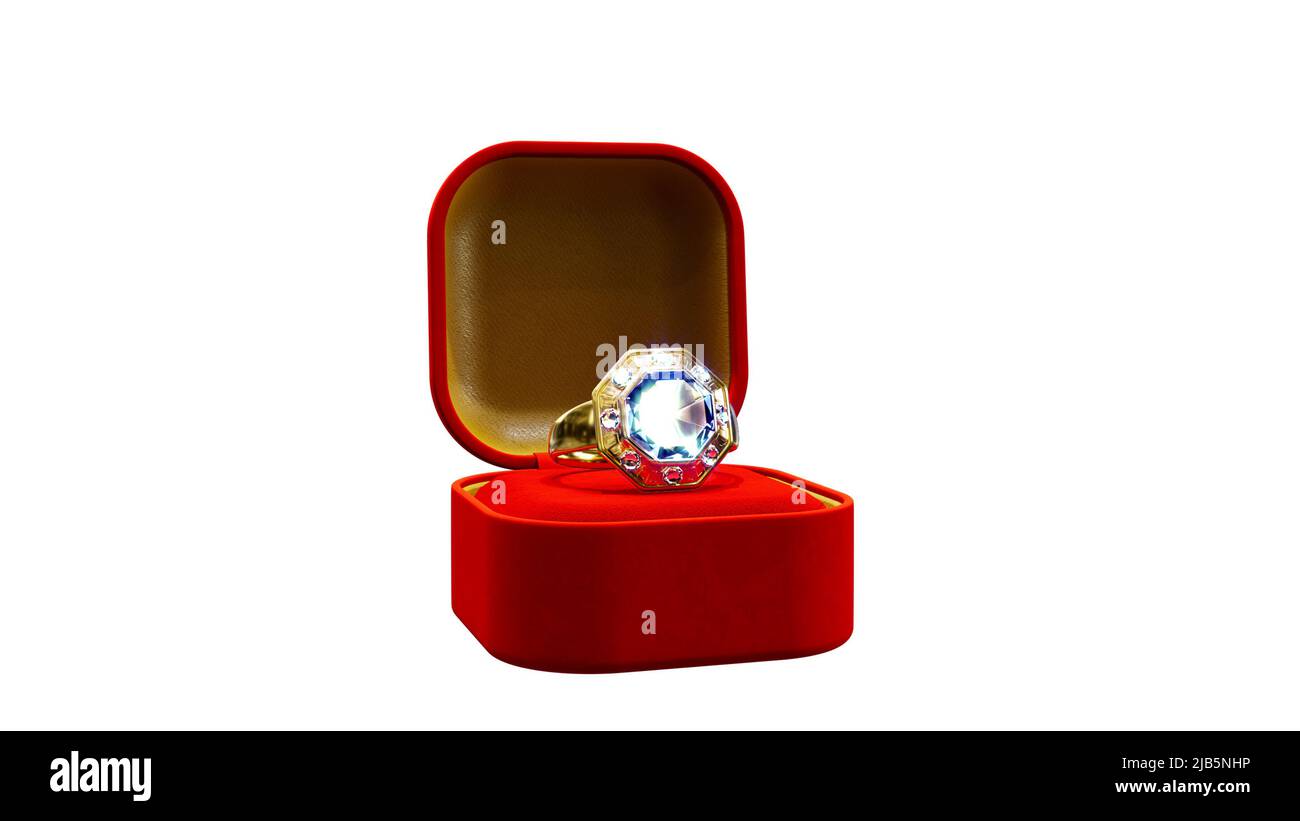 Red - golden opened jewelry surprise gift box with diamond wedding ring ...