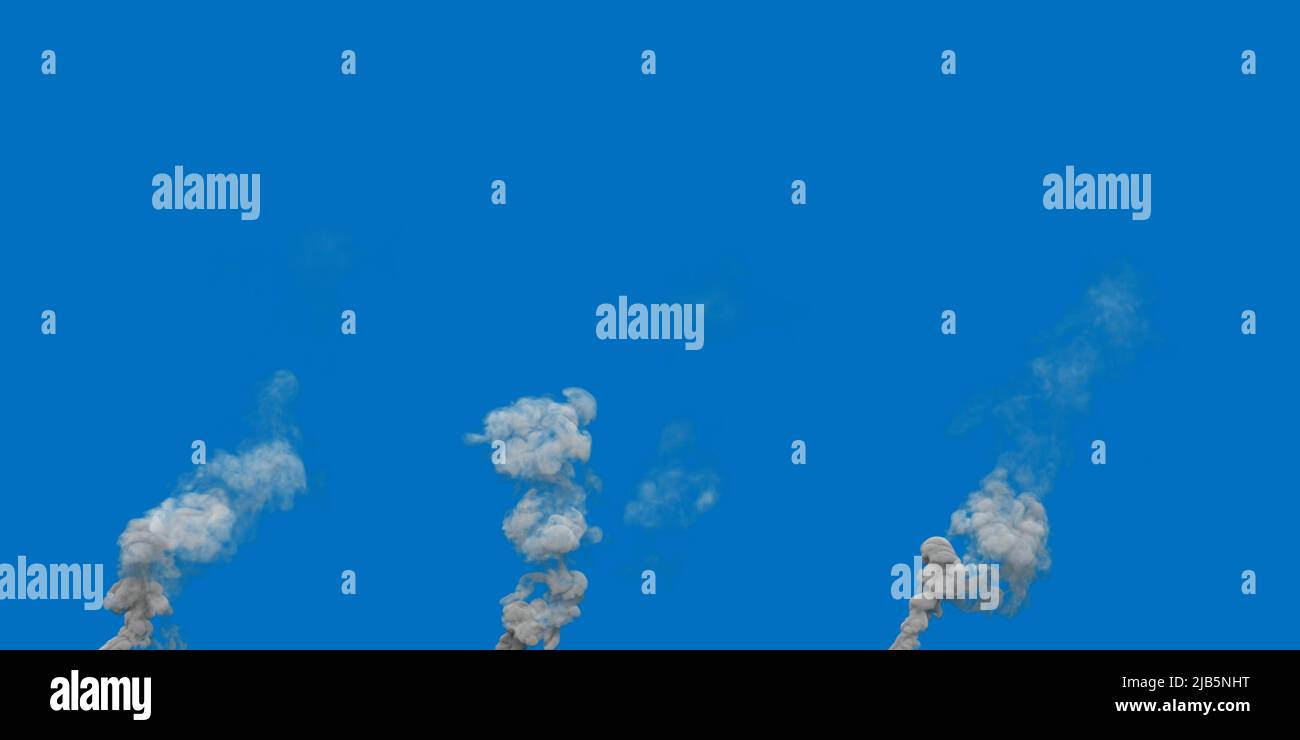 3 grey contamination smoke columns from power station on blue, isolated ...