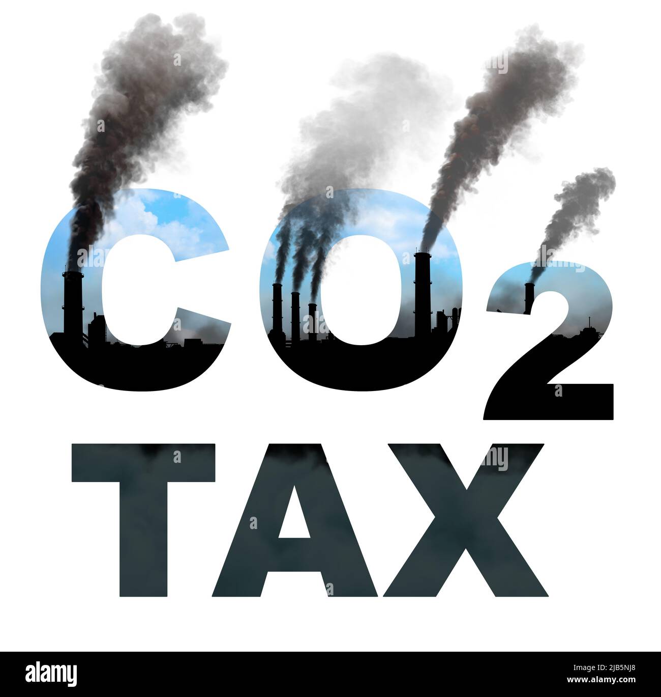 co2 tax text, large factory chimneys - pollution concept on white ...