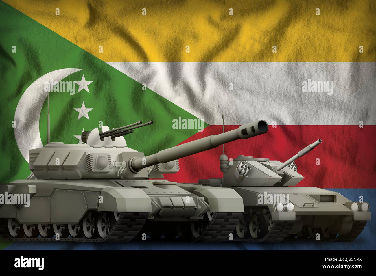 tanks on the Comoros flag background. Comoros tank forces concept. 3d ...