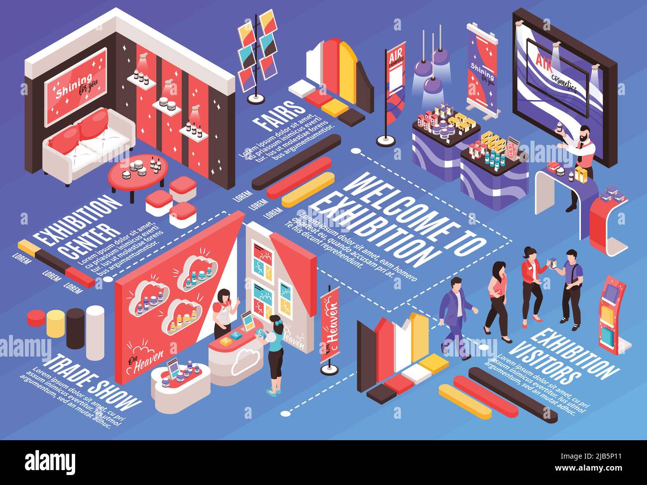 Isometric expo stand horizontal composition with infographic elements text captions dashed lines ...